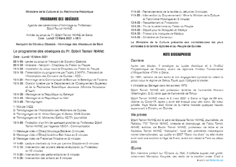 Obsèques du Pr Djibril Tamsir Niane : agenda de la cérémonie d'hommage ...